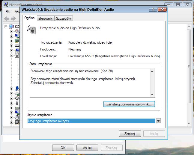 Błąd nieznanego urządzenia po reinstalacji systemu - brak sterowników