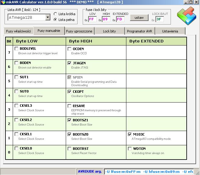 AVR fuse Calculator i programator graficzny z avrdude - 14