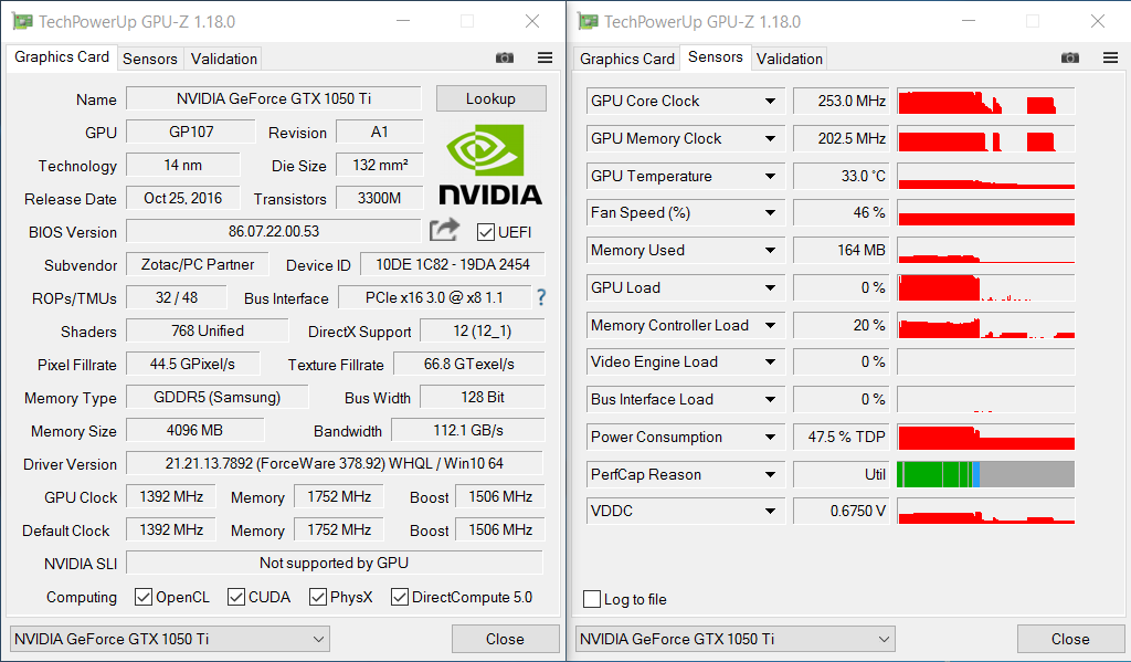 Zotac GTX 1050Ti 4GB OC - Wartości elementów zaznaczonych żółtą strzałką