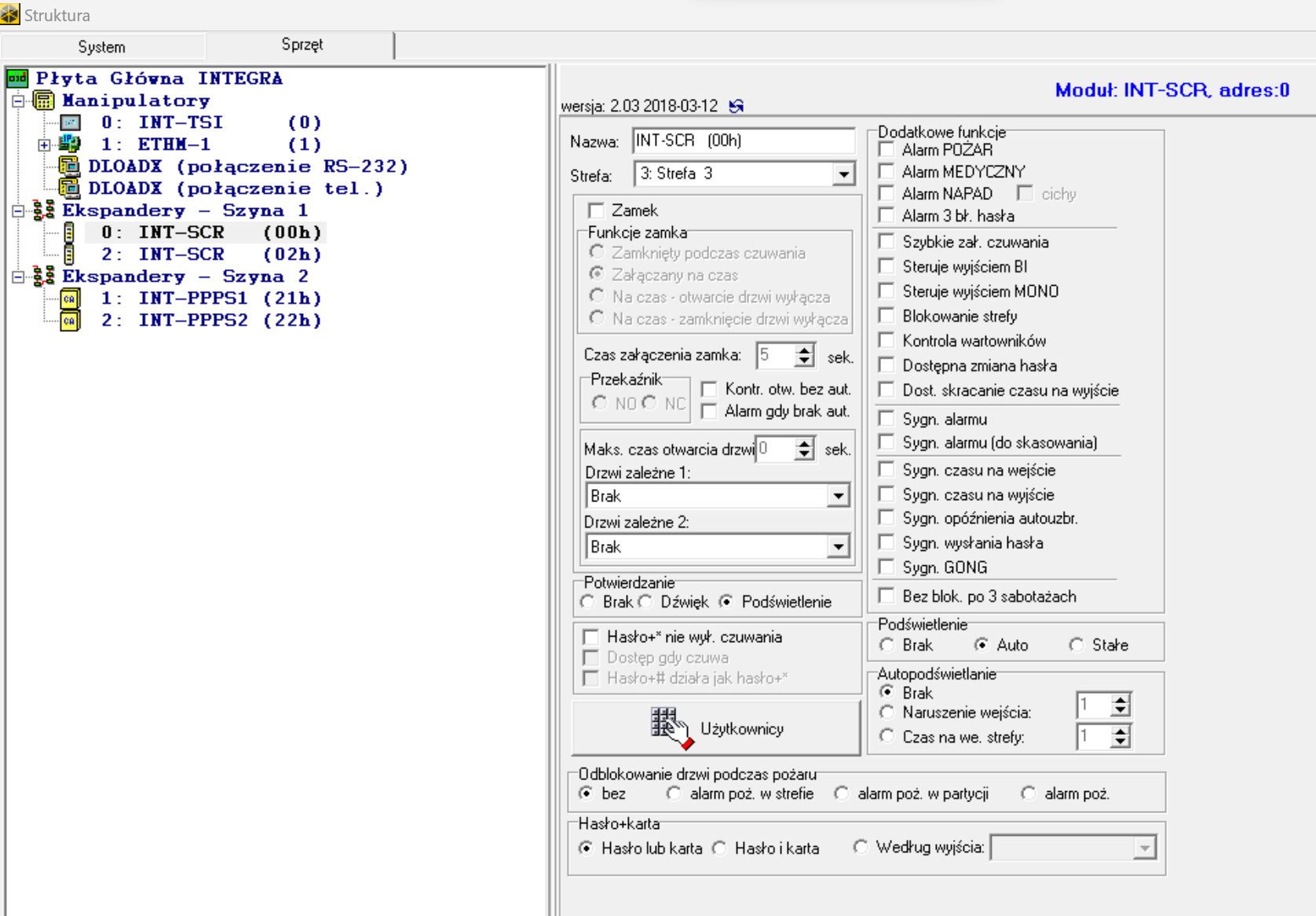 Konfiguracja klawiatur INT-SCR i INT-TSI w systemie INTEGRA 64 do sterowania różnymi drzwiami