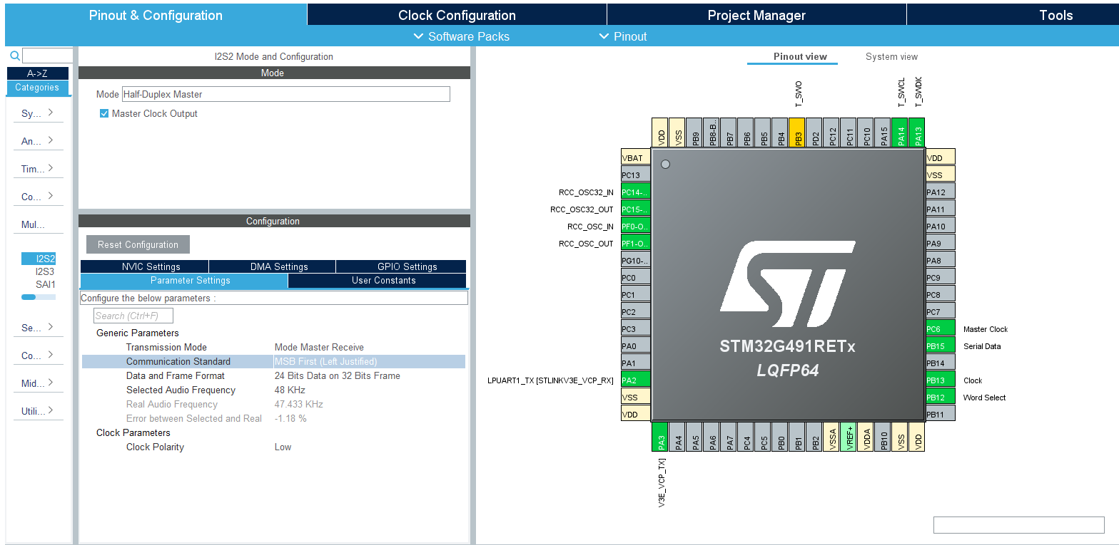 Wstępne pytania odnośnie I2S - STM32 Nucleo-G491RE, Digilent Pmod I2S2, ADC i DAC 24-bitowe