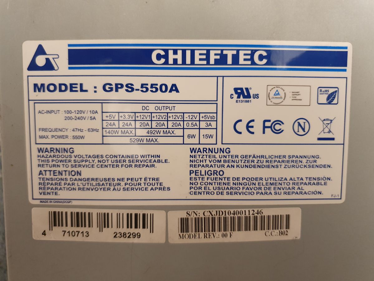 Zasilacz Chieftec GPS-550A - Wyłączanie się po paru minutach pracy