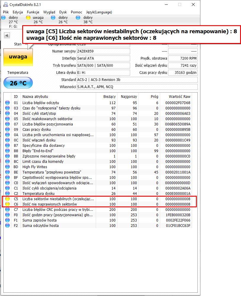 CrystalDiskInfo: Ostrzeżenie C5 i C6 na nowym dysku