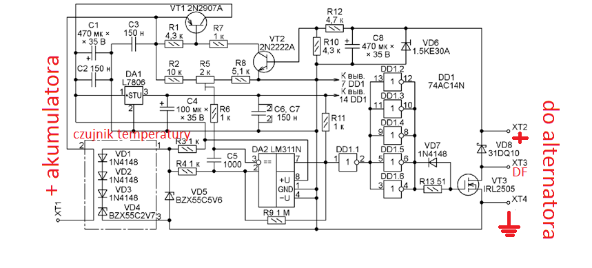 Regulator alternatora samochodowego uwzględniający temperaturę akumulatora