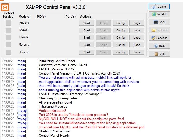 MySQL w Xampp nie startuje, zmiana portu na 3307 nie działa, co dalej?