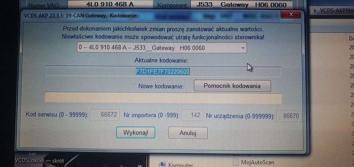 Audi A6 C6 4F5 błąd 01044. Jaki kod żeby to zakodować?