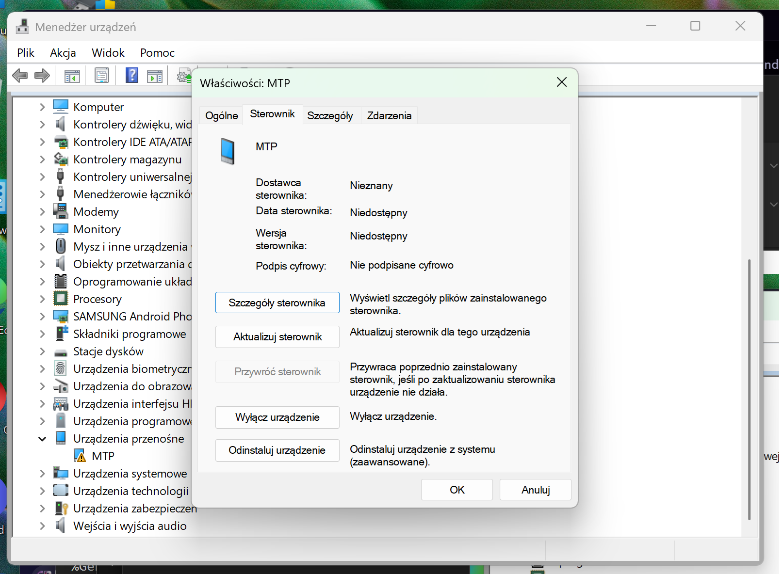 Windows 11 instaluje niewłaściwy sterownik MTP przy każdym podłączeniu ...