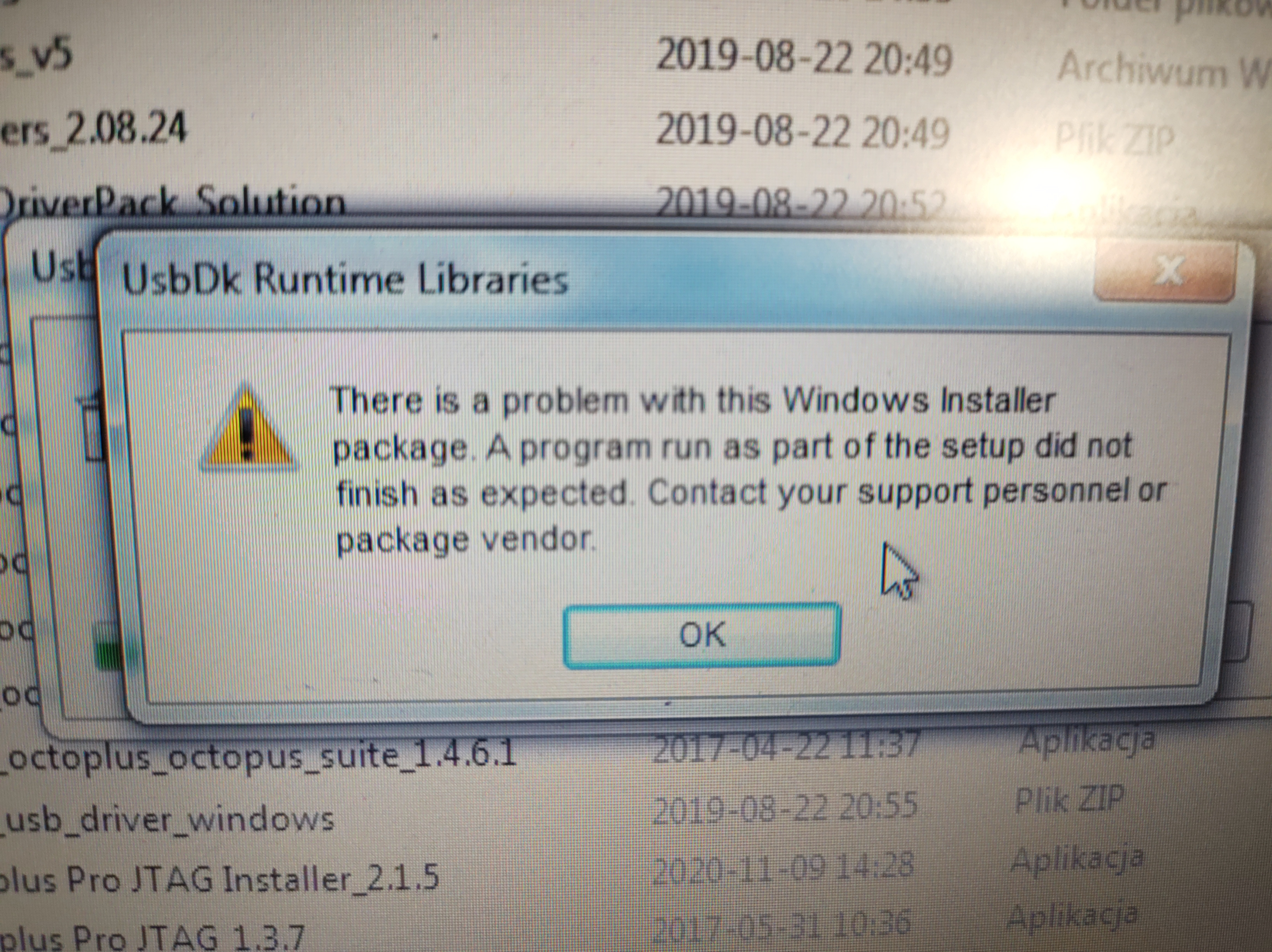 Nieudana instalacja usbdk runtime libraries na systemie Windows 7
