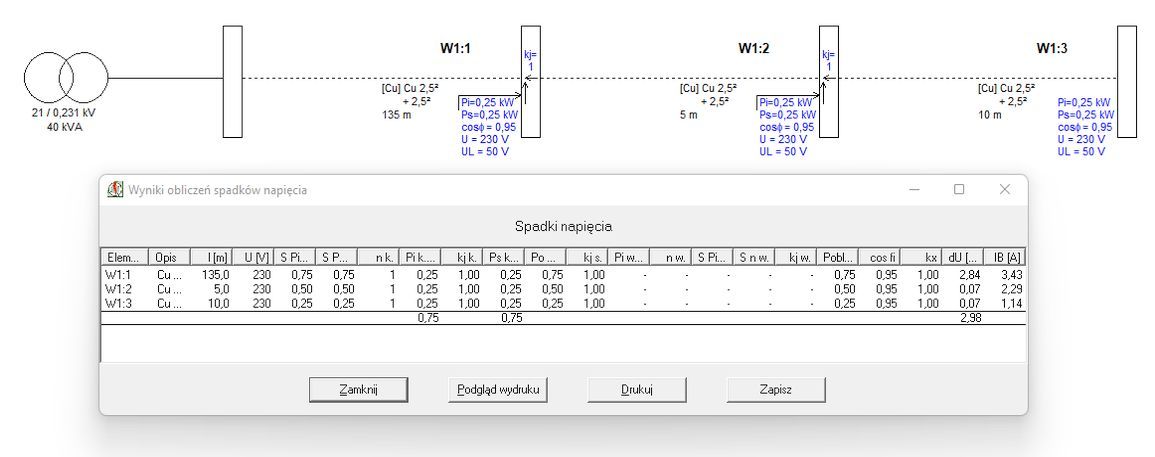 Obliczenia spadku napięcia w układzie - przewód 2,5mm2, odbiorniki 250W, długości 135m, 5m, 10m