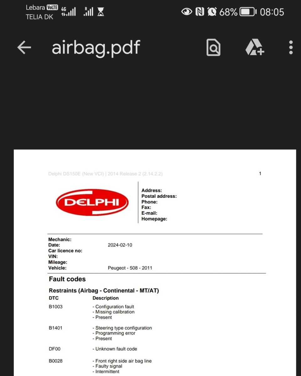 Peugeot 508 1.6hdi - błędy airbag B1003 B1401 B0028, poduszka ...