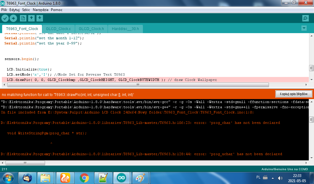 [Rozwiązano] Arduino Uno + LCD 240x64 TC6963c - Zegar - Błąd kompilacji