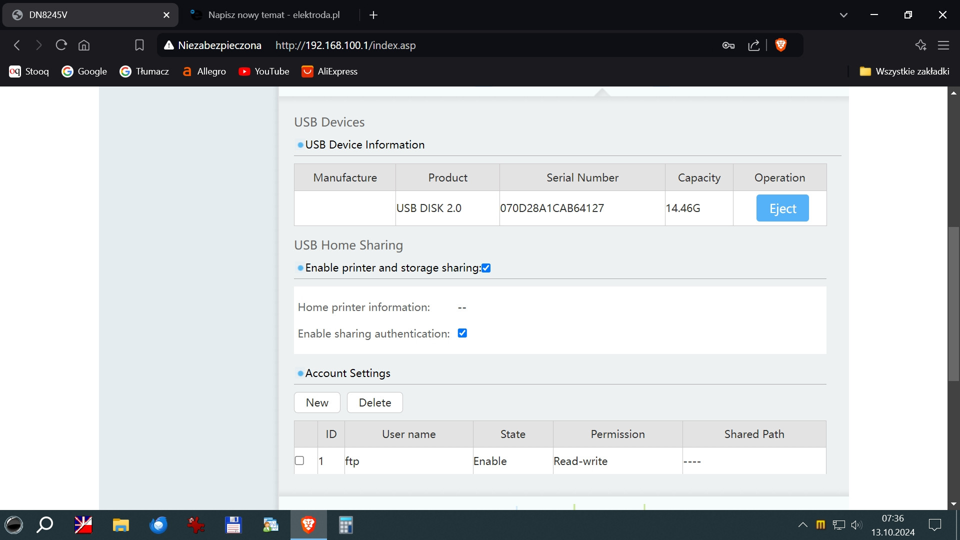 [Rozwiązano] Konfiguracja FTP na routerze Huawei DN8245V z pendrive ...