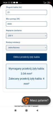 Jaki przekrój przewodu do pompy ciepła Panasonic Aquarea 7kW, 23m długości?