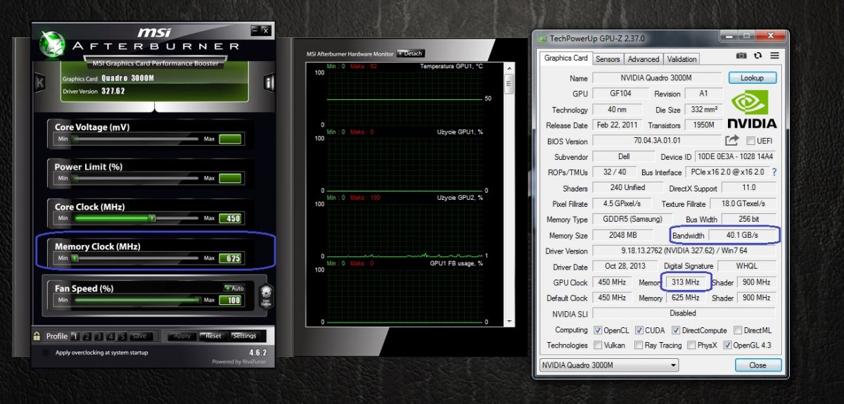 Dell M6600 Quadro 3000M - przepustowość pamięci o 50% mniejsze.