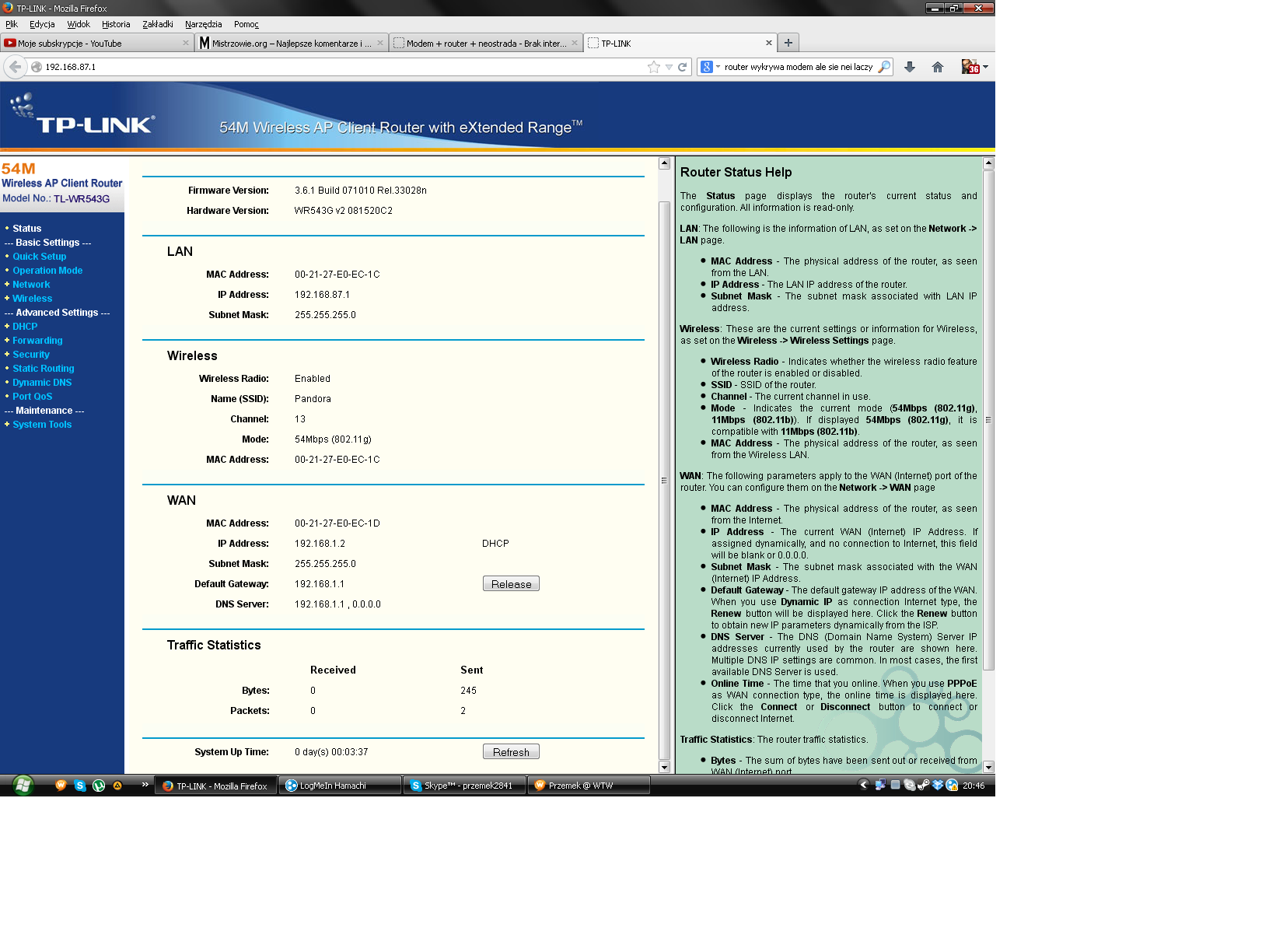 Modem + router + neostrada - Brak internetu w komputerze