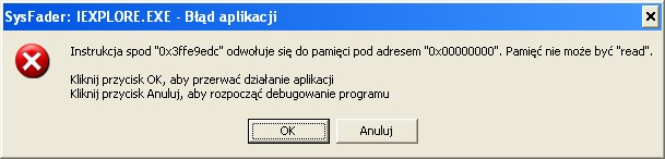Błąd SysFader: iexplore.exe w Internet Explorer 8 na Windows XP - jak naprawić?