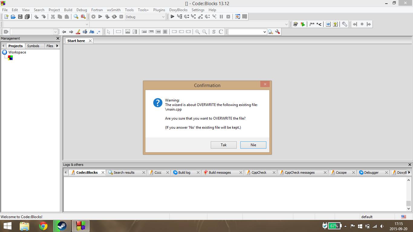 Code blocks - błąd wyskakujący przy tworzeniu nowego projektu