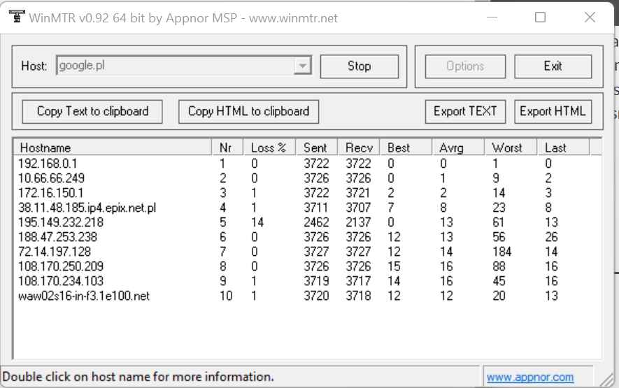 Proszę o ocene traceroute z winmtr, czy packet loss to wina ISP