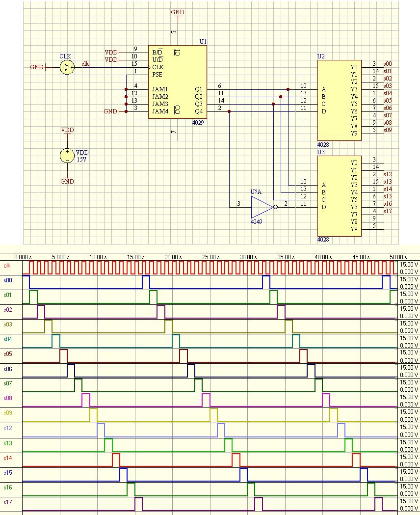 Jak podłączyć dwa dekodery CD4028 do sterowania 14 tranzystorami?