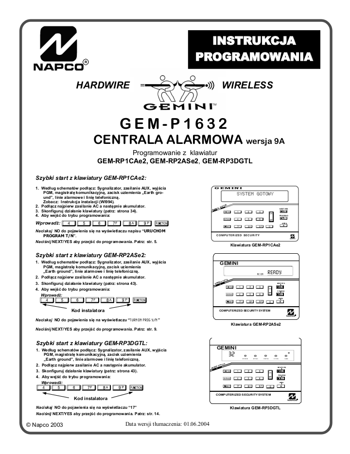 Centrale alarmowe i moduły rozszerzeń - spis instrukcji