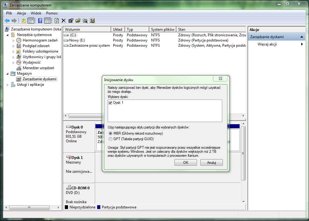 Windows nie czyta dysku zewnętrznego, dysk okazał się niezainicjowany