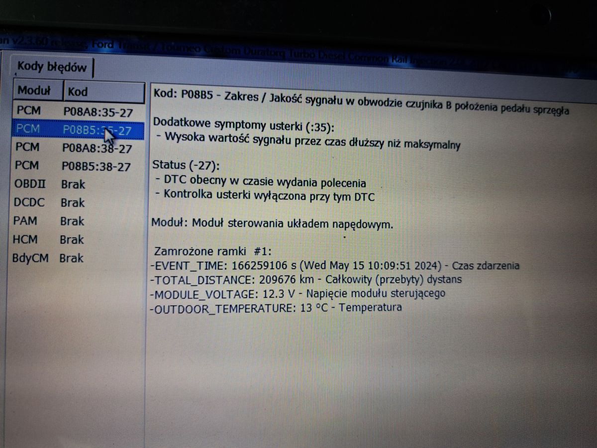 [Rozwiązano] Ford Transit Custom 2.0 EcoBlue 2017 - Błędy Czujnika Położenia Pedału Sprzęgła