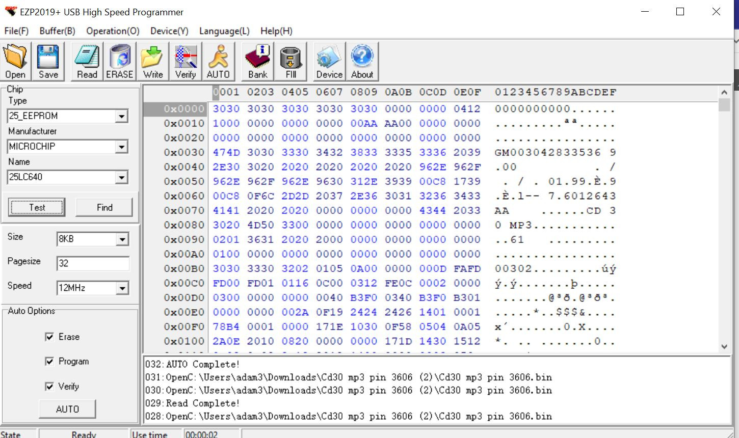 EZP2019 i wsad do CD30 MP3 - błąd przy AT25640, 25LC640 działa?