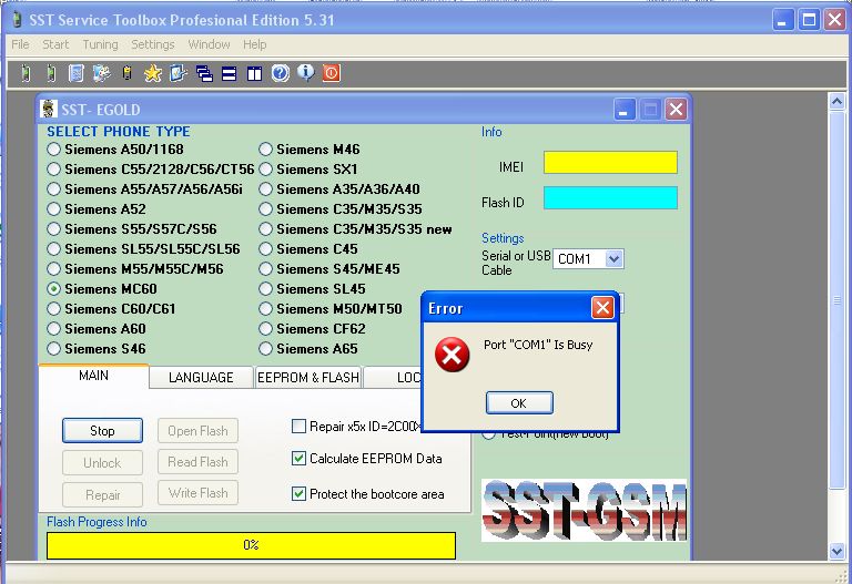 Port COM1 zajęty podczas flashowania Siemensa MC60 programem SST 5.31
