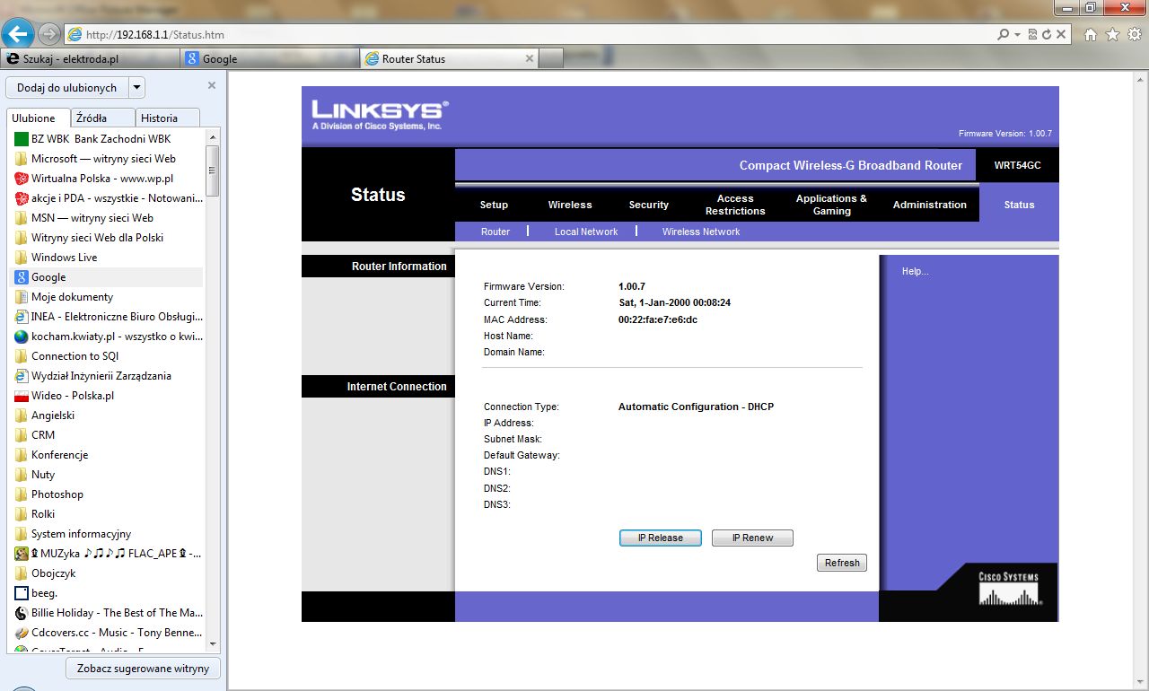 Inea modem Motorola sbv5121e + linksys wrt54gc brak Interentu
