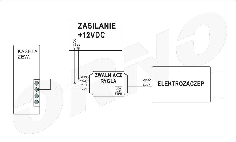 Schemat podłączenia domofonu OR-DOM-CL-909 i zamka OR-ZS-804 ORNO