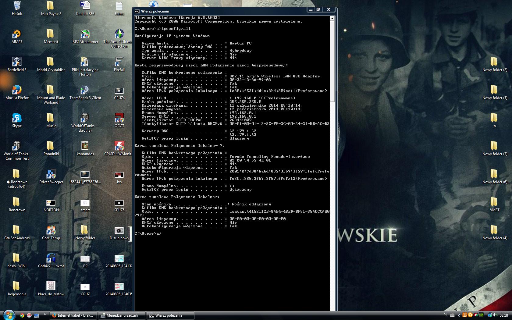 Brak internetu przez kabel na jednym komputerze, router i WiFi działają