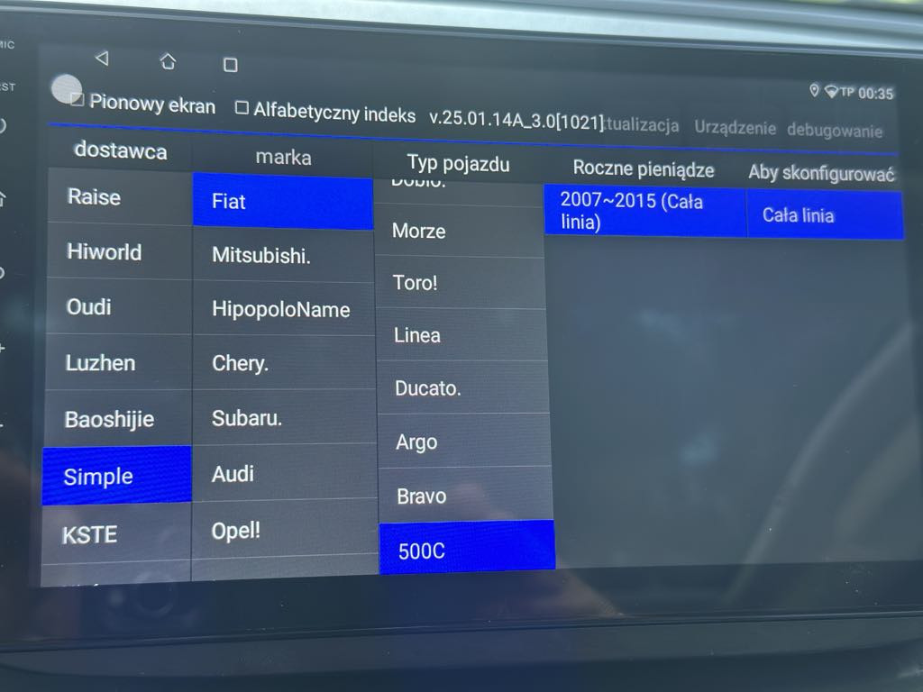 Fiat 500 2011, Android K2401 CAN Simple Soft RP5-FT-002 – ETM i błąd Proxi