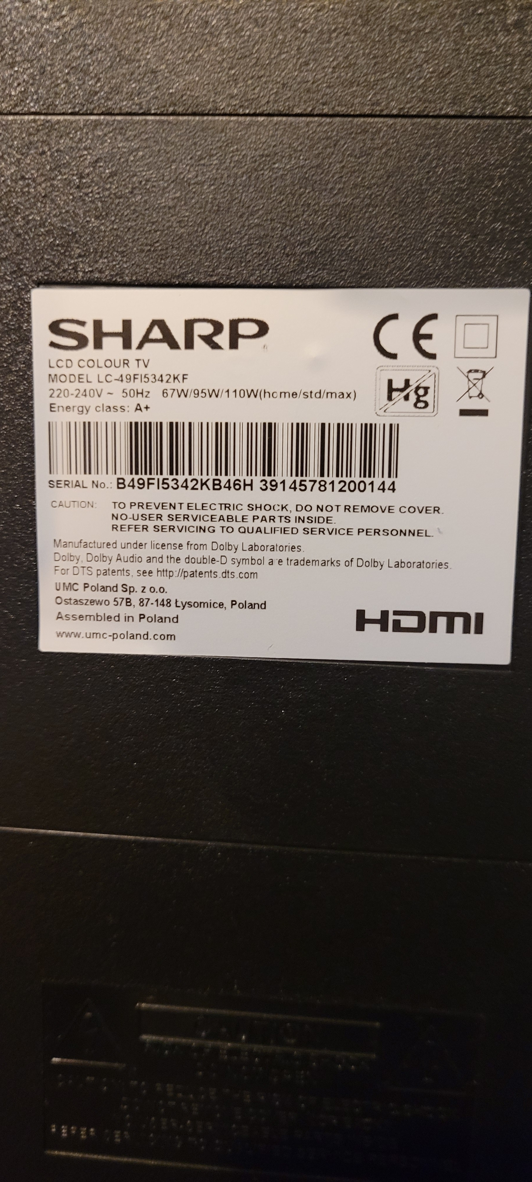 Sharp LC-49FI5342KF - włącza się bez podświetlenia (Backlight)