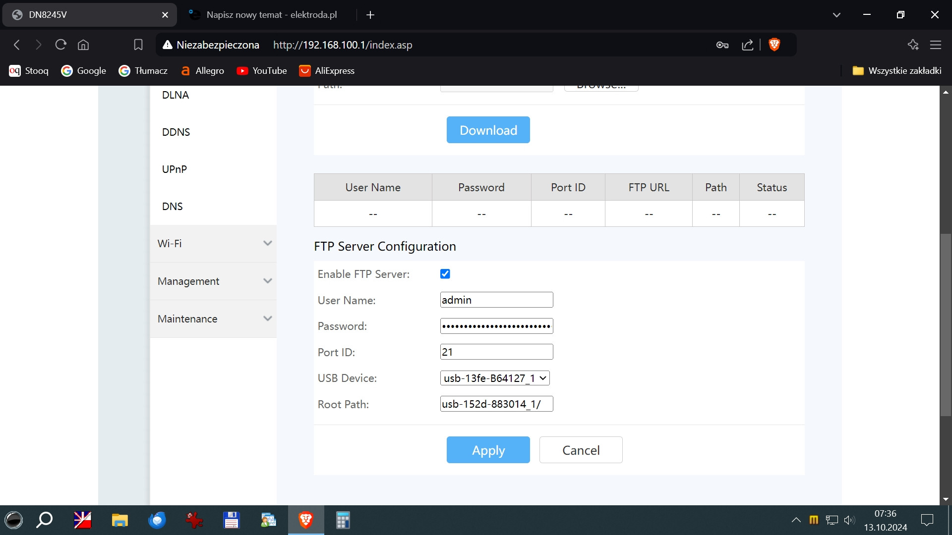 [Rozwiązano] Konfiguracja FTP na routerze Huawei DN8245V z pendrive ...
