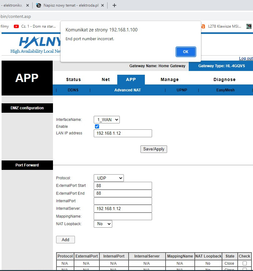 Odblokowywanie portów w routerze Halny HL-4GQVS - Komunikat End port ...