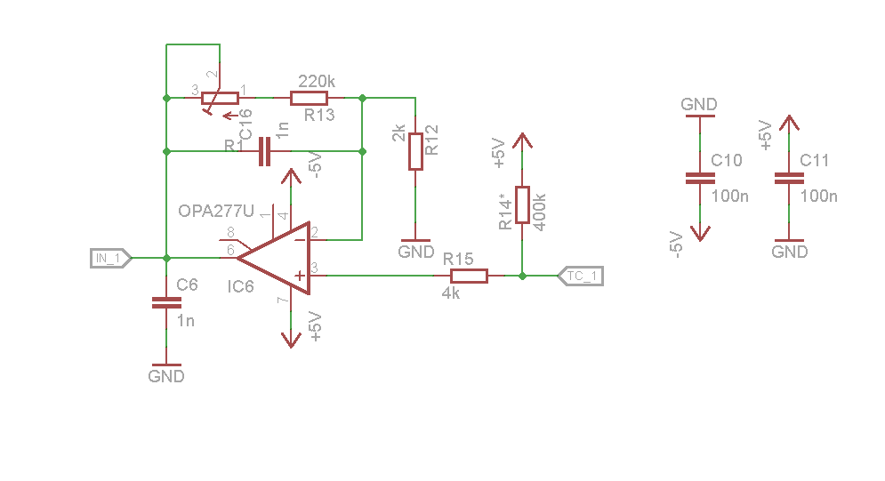Napięcia na wejściach i wyjściu wzmacniacza OPA27 w układzie termopary ...
