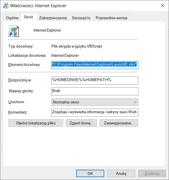 Jak uruchomić na WIN 10 Internet Explorer 11 tak aby nie uruchamiał się EDGE