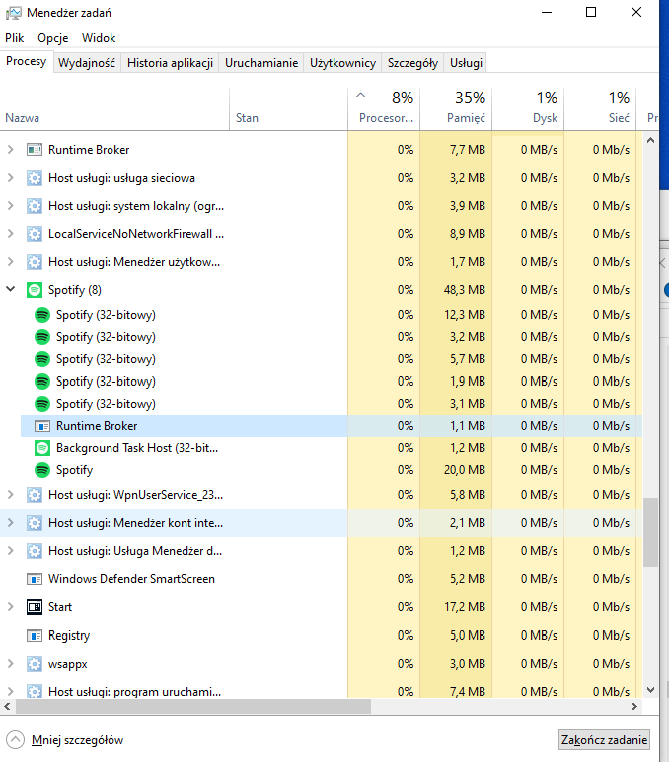 Aplikacja spotify odpala kilkukrotnie w procesach Wirus?