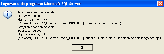 Błąd logowania do MS SQL Server (Błąd serwera SQL: 53/17)