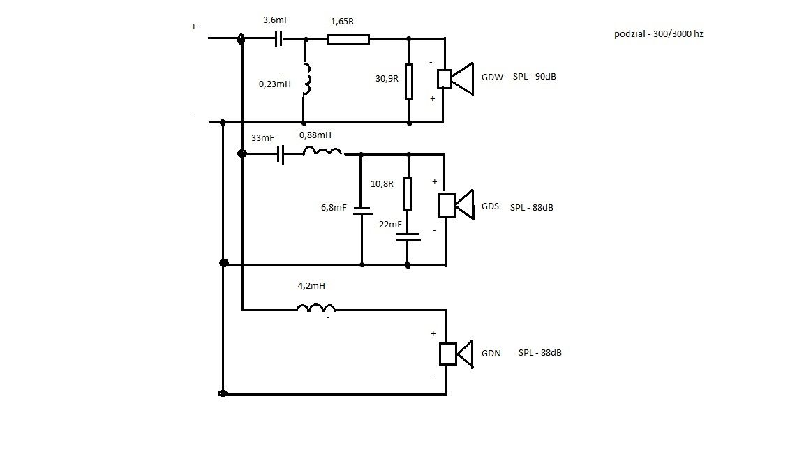 Zwrotnica trójdrożna 300/3000Hz dla głośników STX schemat