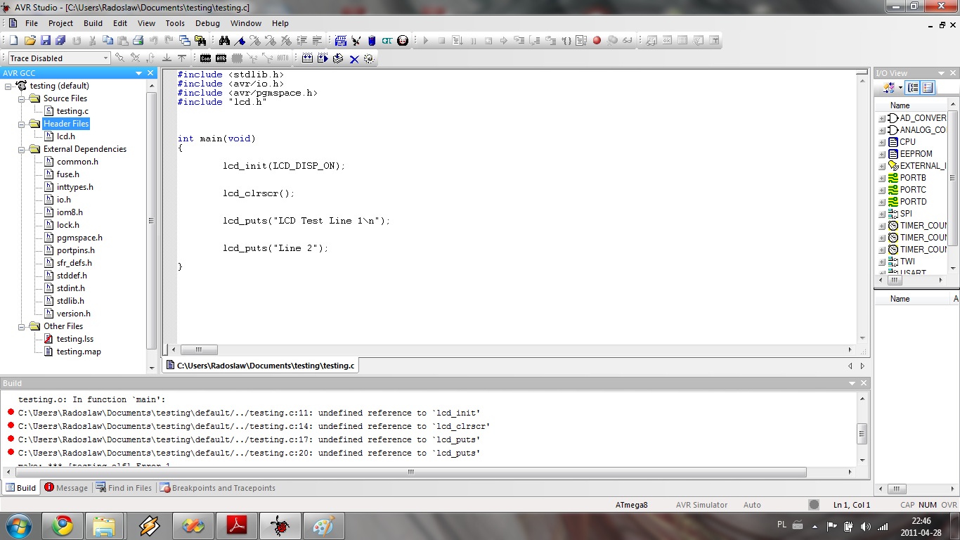 AVR Studio - Błąd undefined reference przy kompilacji LCD