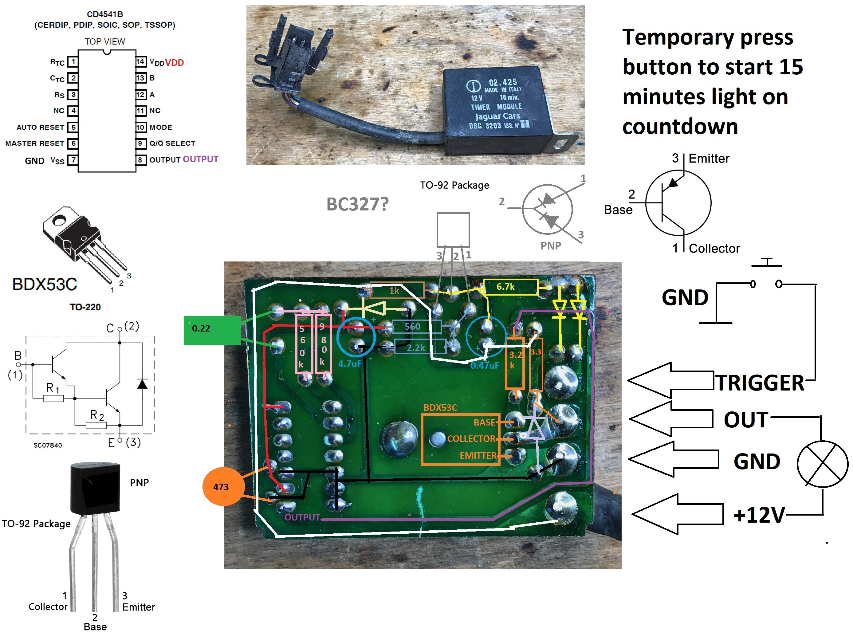 Prosty timer 15min 12V na CD4541 z Jaguara - wnętrze, szkic schematu