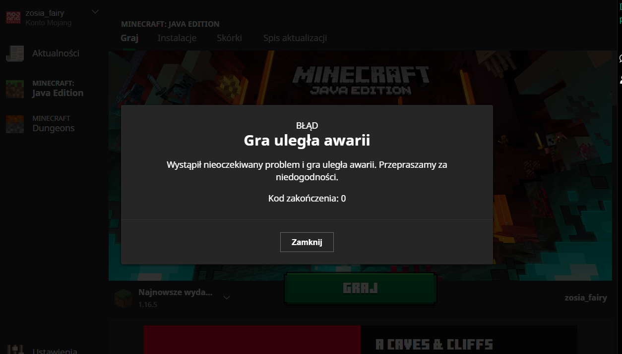 Minecraft / gra uległa awarii / kod zakończenia 0 - elektroda.pl
