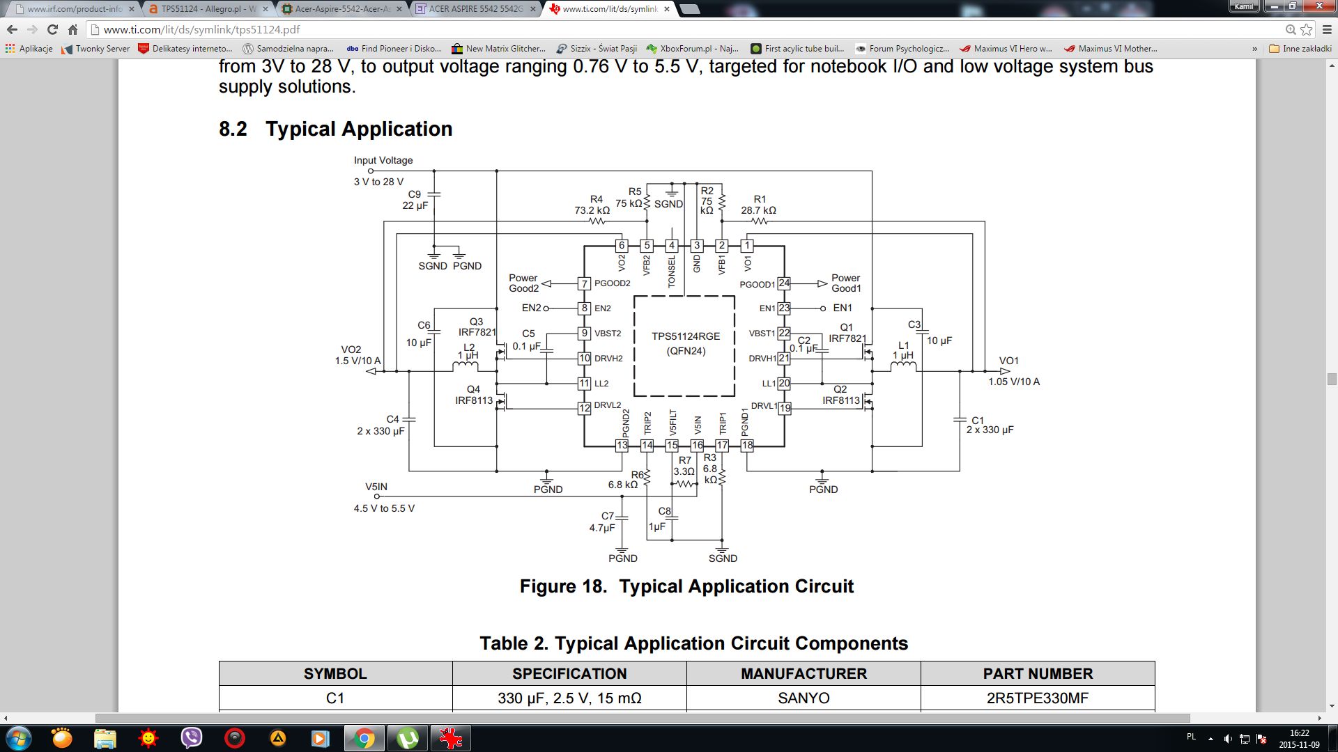 Acer 5542G - Zalanie Colą, Problemy z Przetwornicą TPS51124, Zwarcie na VO1