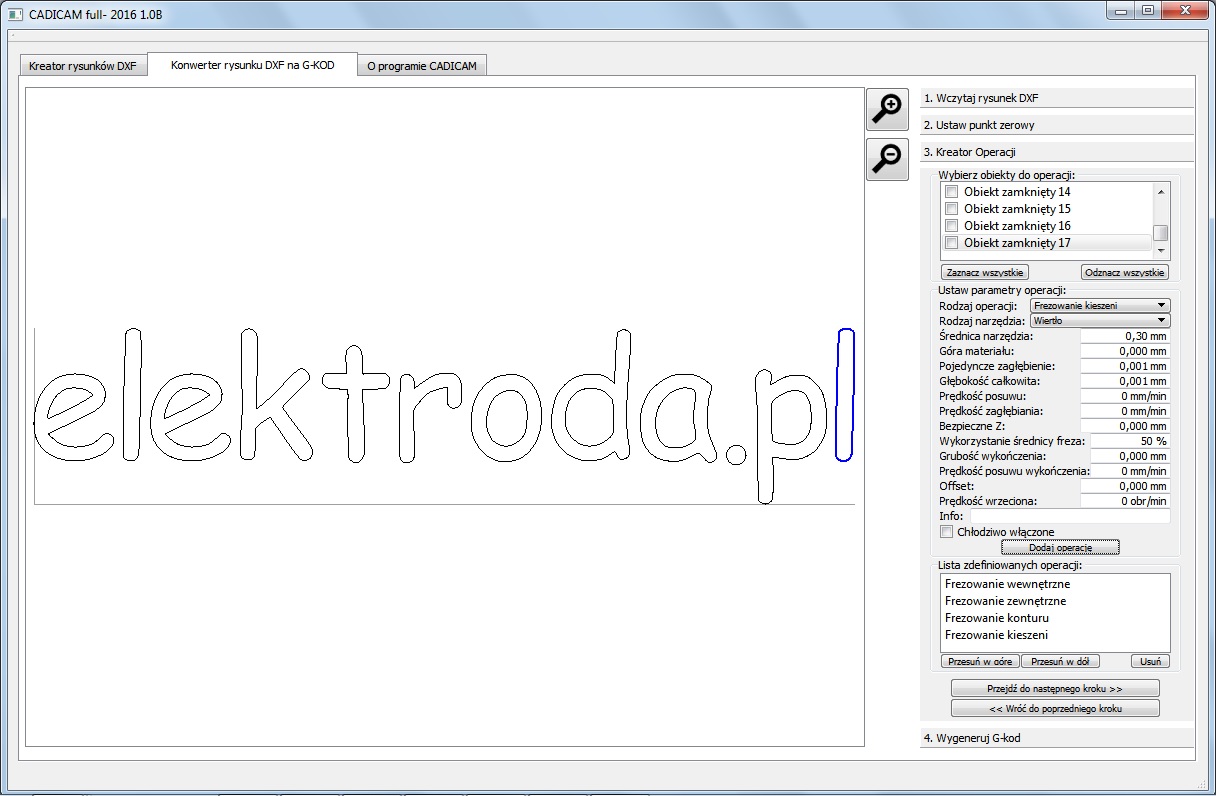 CADICAM 1.0 - prosty program CAD/CAM, konwerter DXF na G-KOD