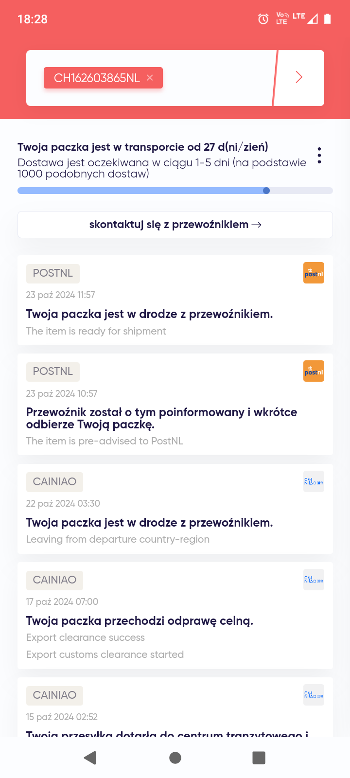 Paczka z chin od 3 tygodni nie zmienia się status.