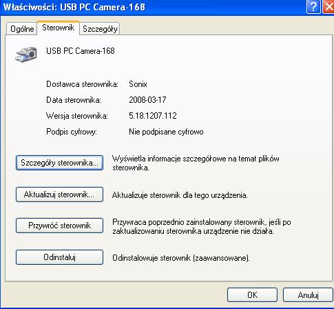 Sterowniki do USB PC Camera-168 ID 0C45-6143 nie działają poprawnie