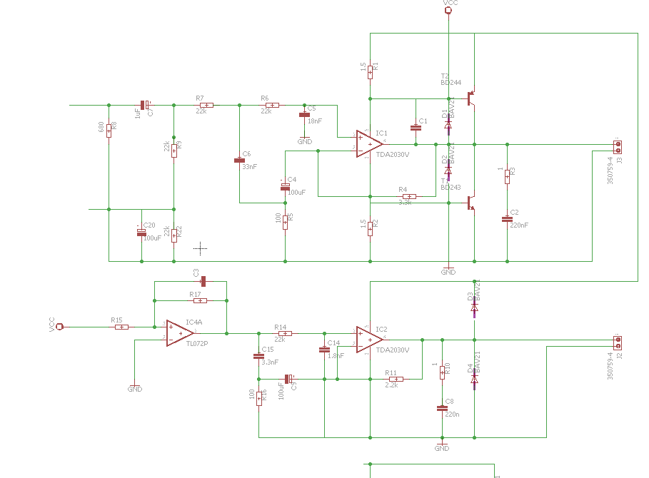 Wzmacniacz do aktywnej kolumny głośnikowej TDA2030 - schemat.