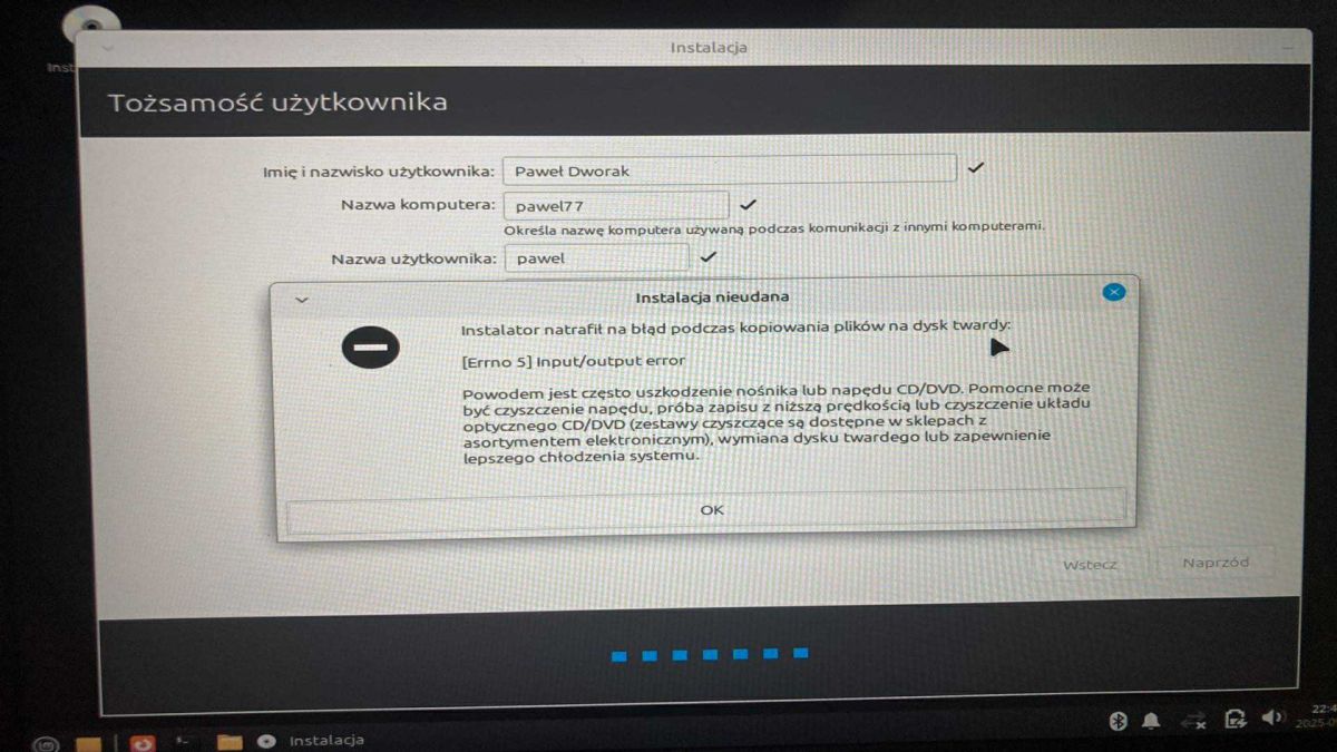 Linux Mint 22.2 XFCE – błąd [Errno 5] Input/output error
