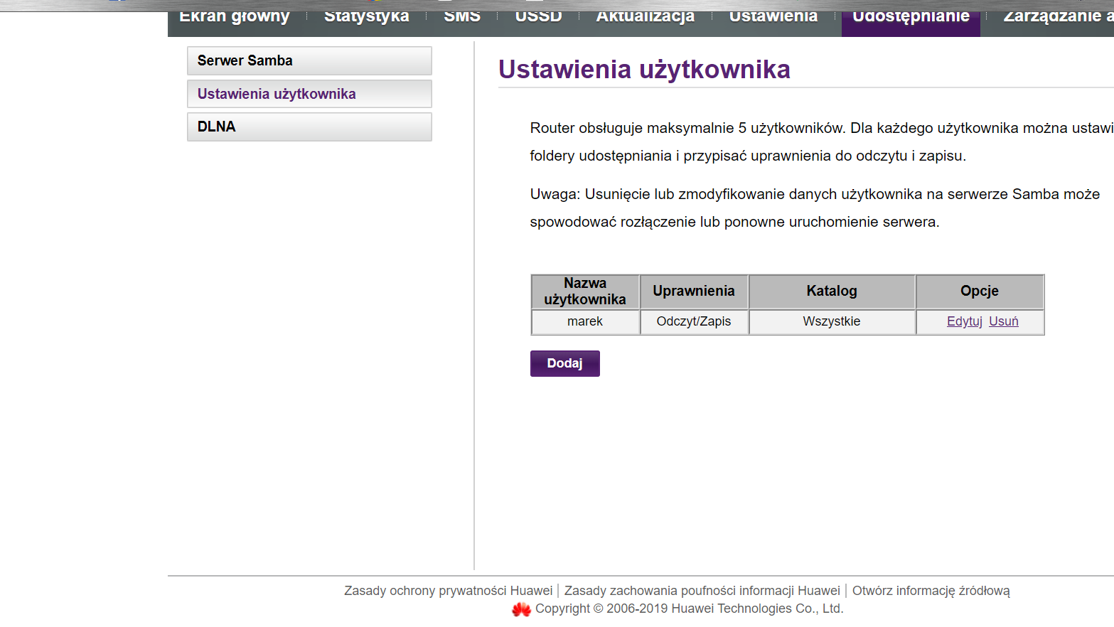 Konfiguracja serwera plików Samba na routerze Huawei B715
